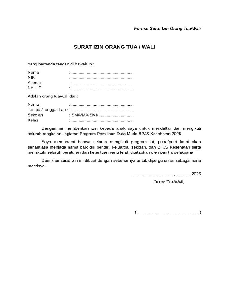 Format Surat Izin Orang Tua | PDF