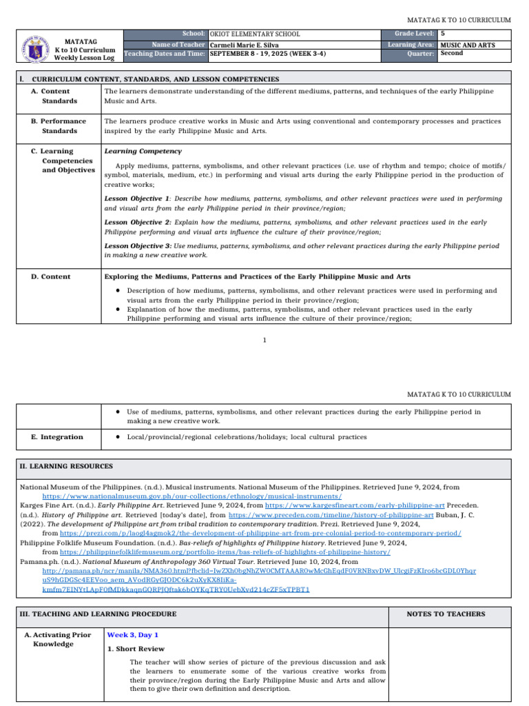 Grade 5 Music and Arts Curriculum Guide | PDF | Teachers | Curriculum