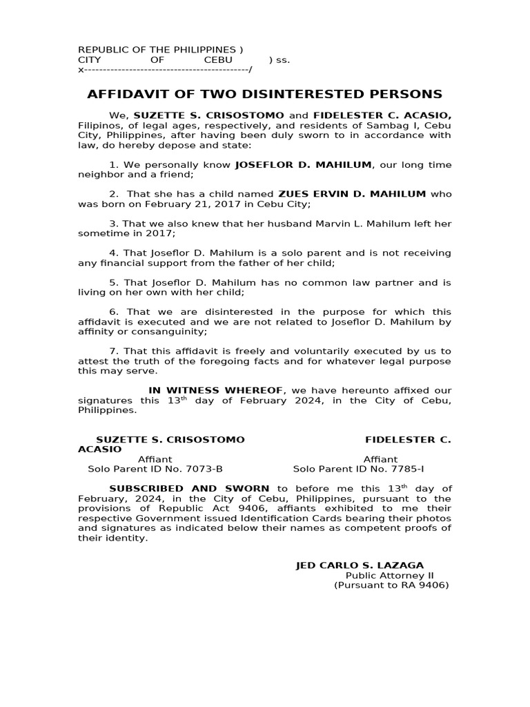 Solo Parent Joint Affidavit | PDF