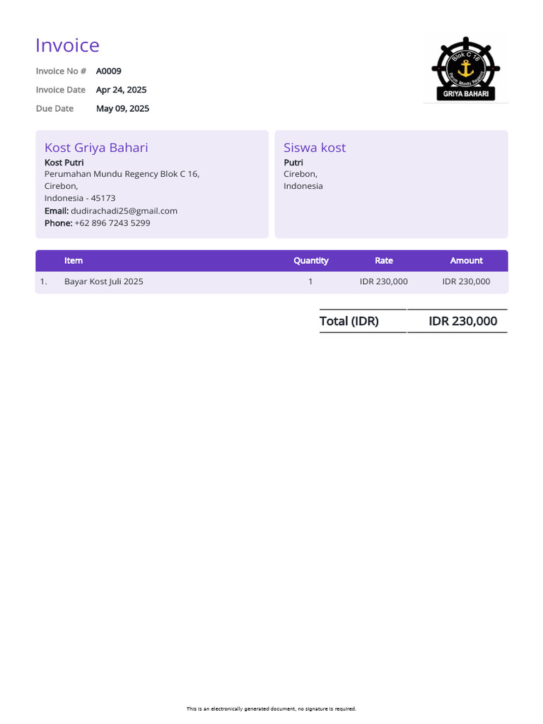 Invoice A0009 for Kost Services | PDF