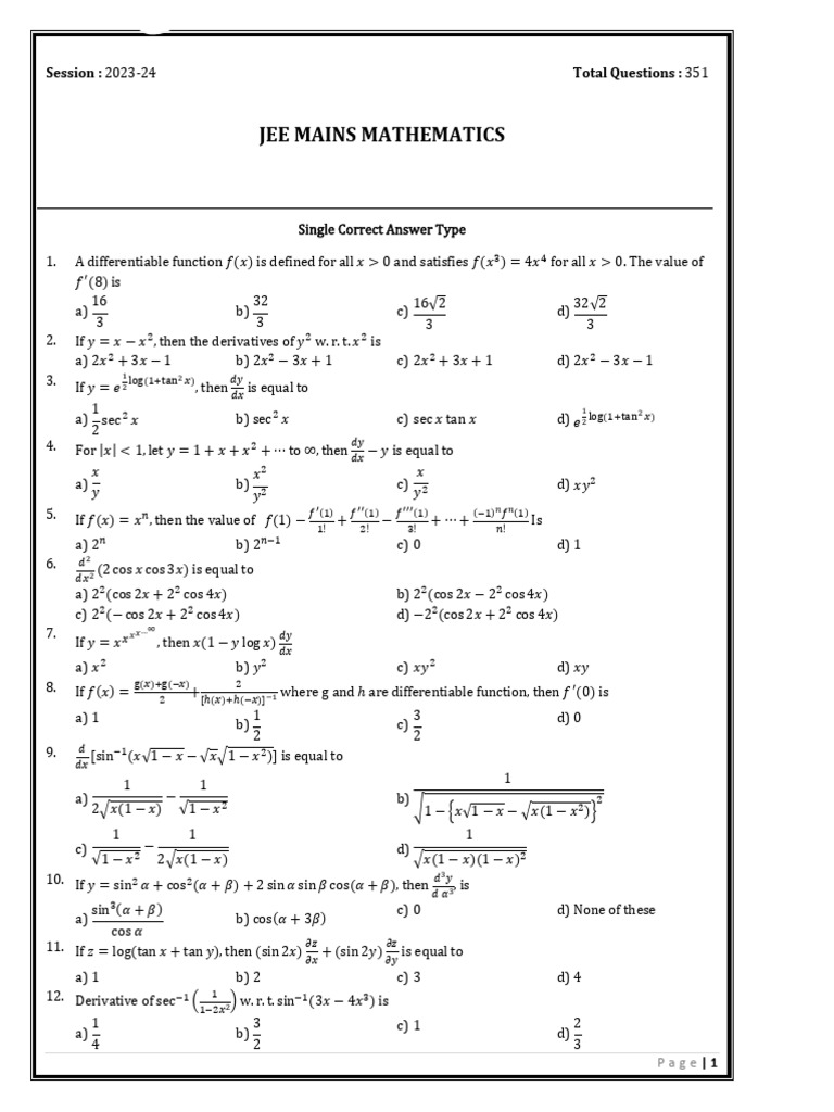 JEE Mains Mathematics Differentiation Questions | PDF | Function ...