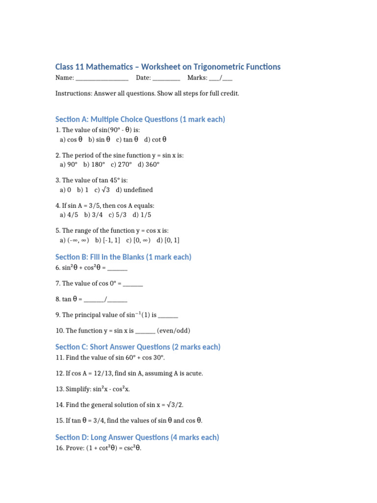 Class 11 Trigonometric Functions Worksheet | PDF