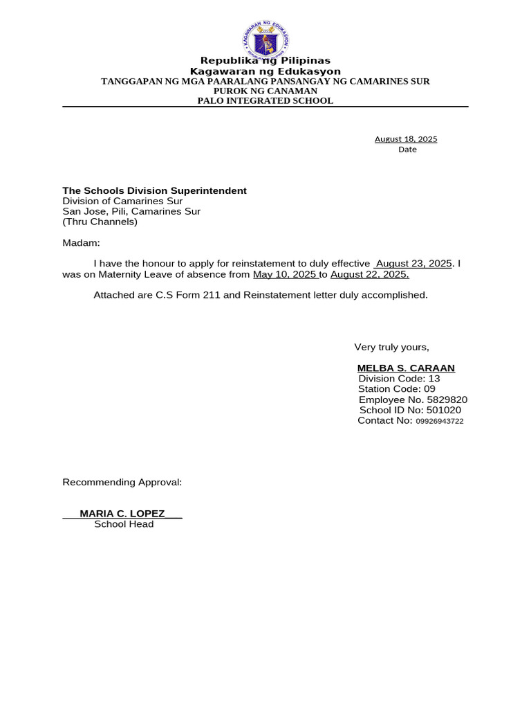 Letter of Intent Reinstatement | PDF