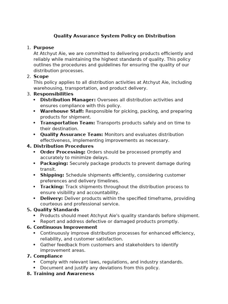 Quality Assurance in Distribution Policy | PDF | Regulatory Compliance ...