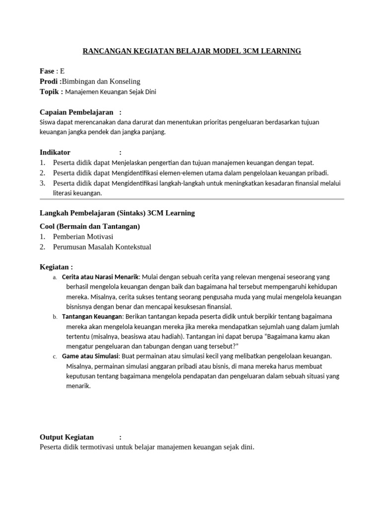 Rancangan Kegiatan Belajar Model 3cm Learning ( x ) Jordan | PDF