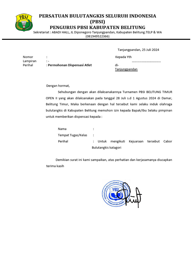Surat Permohonan Dispensasi Atlet PBSI Beltim Open 2024 | PDF
