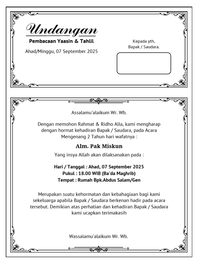 Putih Hitam Minimalis Klasik Undangan Yasin Dan Tahlil - 20250907 ...