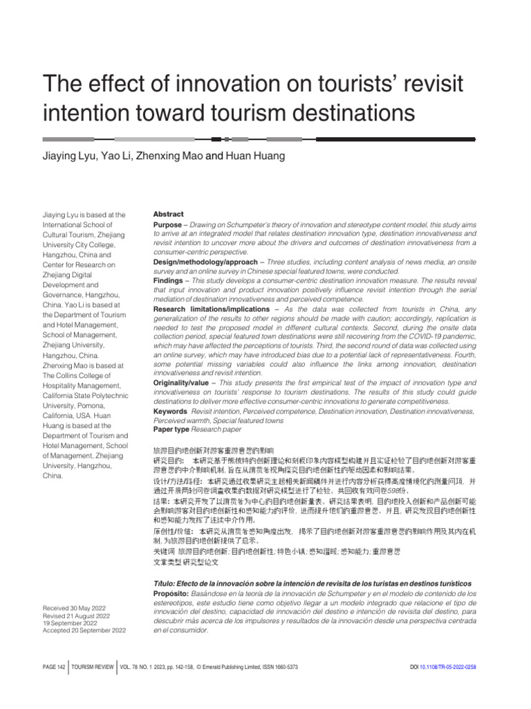 The Effect of Innovation On Tourists Revisit Intention Toward Tourism ...