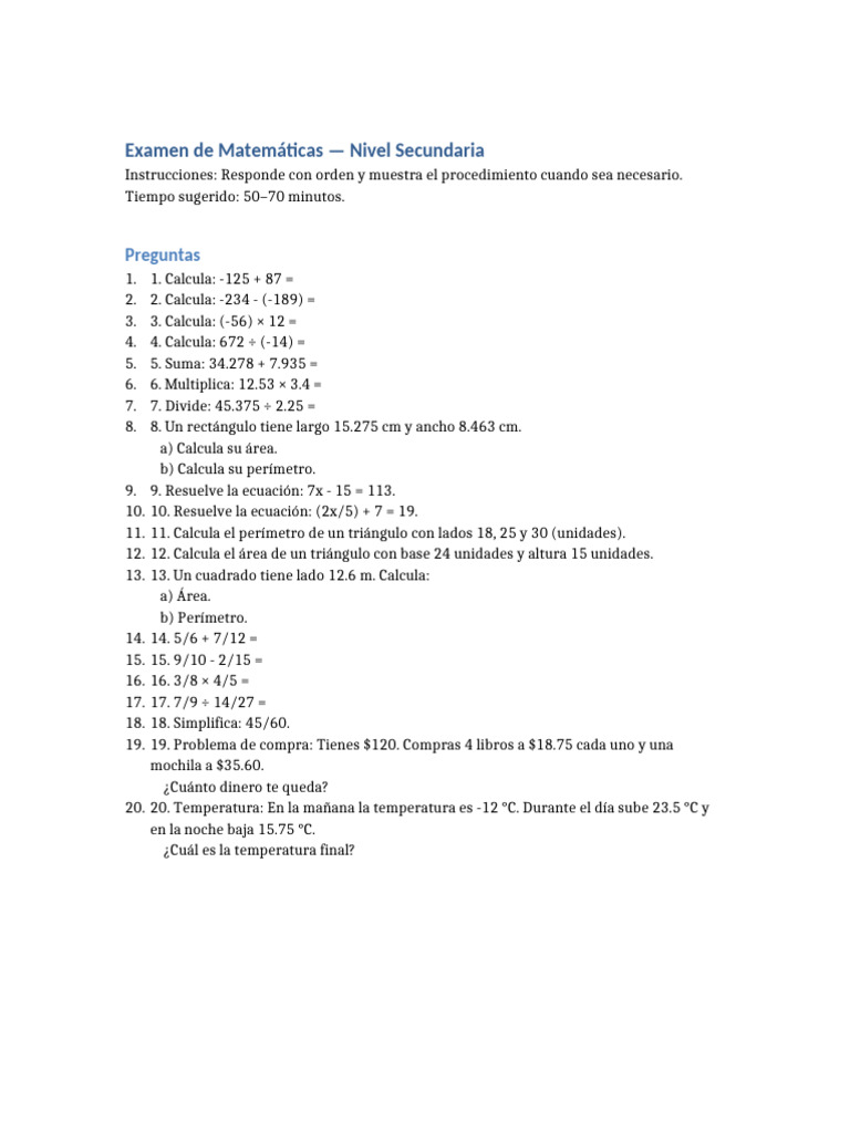 Examen de Matemáticas para Secundaria | PDF