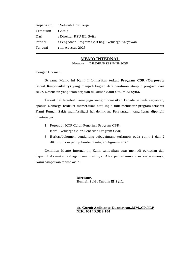 Memo Internal Program CSR Bagi Keluarga Karyawan | PDF
