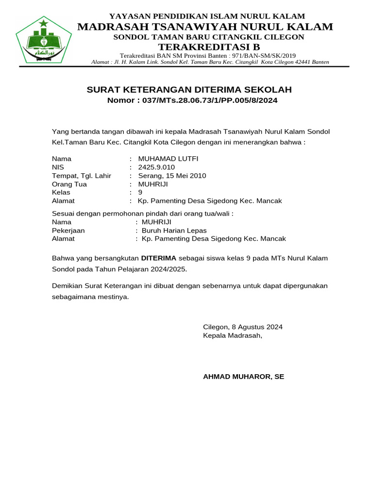 Surat Keterangan Siswa Diterima Sekolah | PDF