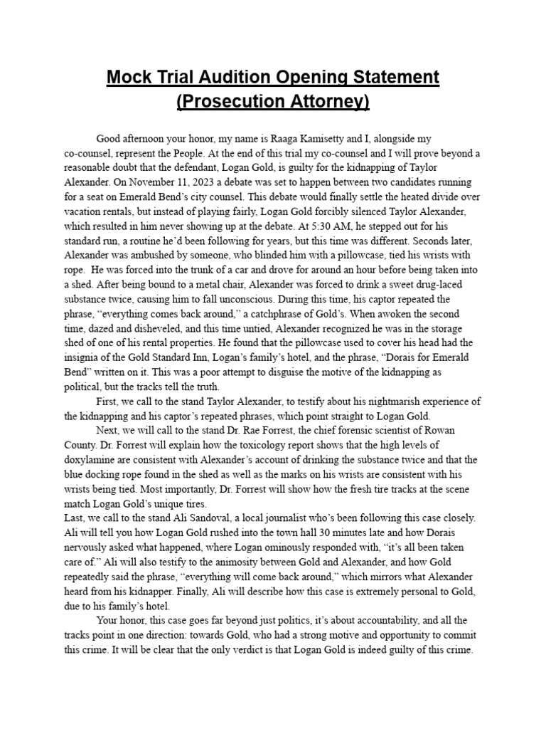 Mock Trial Audition Opening Statement (Prosecution Attorney) | PDF ...