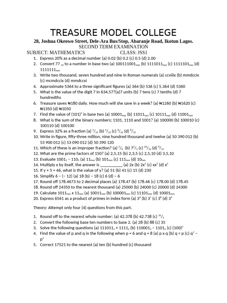 2nd Term Exam 2025 Jss1 to Ss2 | PDF | Odds | Decimal
