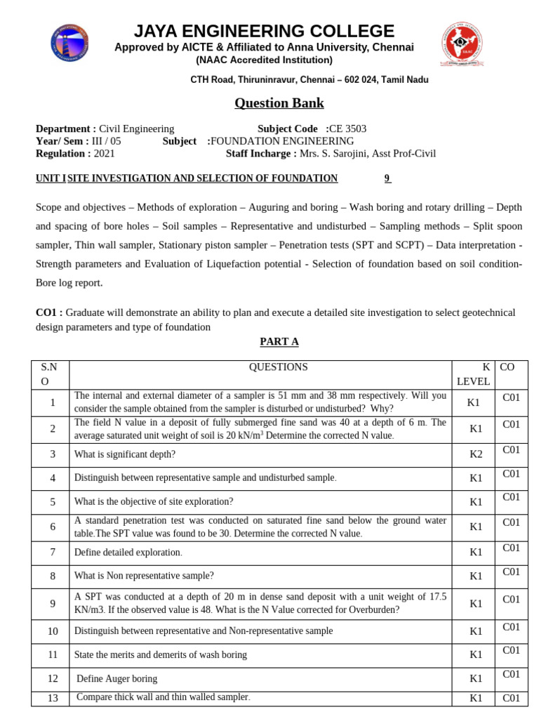 CE3503 Foundation Engineering Question Bank | PDF | Geotechnical ...