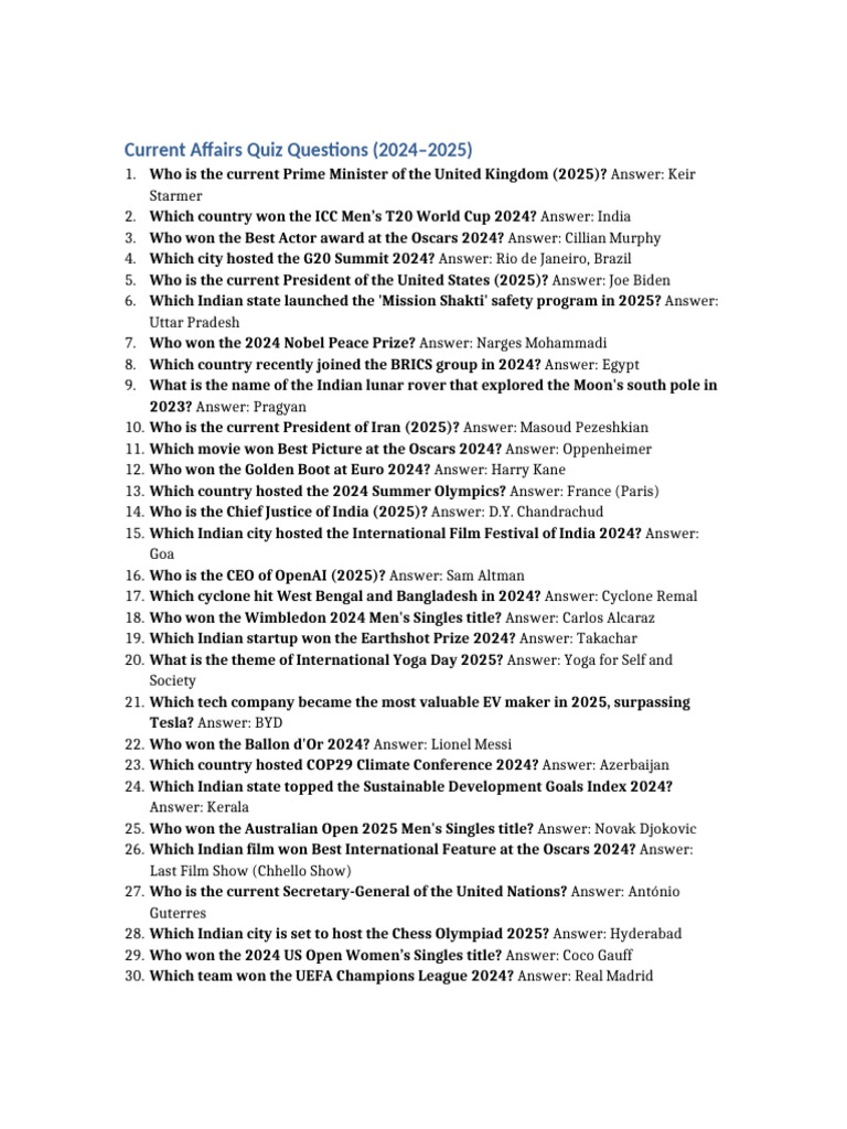 Current Affairs Quiz 2024-2025 | PDF