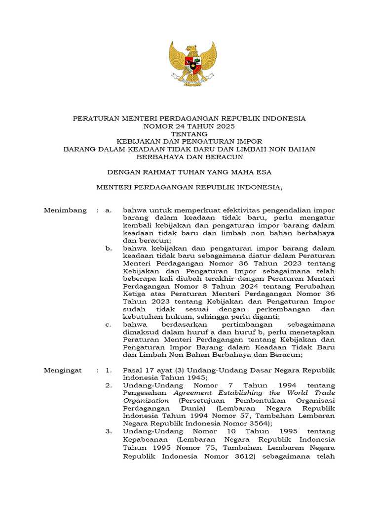 Permendag Nomor 24 Tahun 2025 Tentang Kebijakan Dan Pengaturan Impor Barang Dalam Keadaan Tidak ...