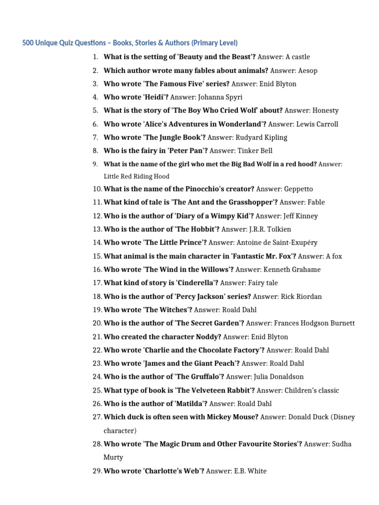 Quiz on Famous Children's Authors | PDF | Children's Literature