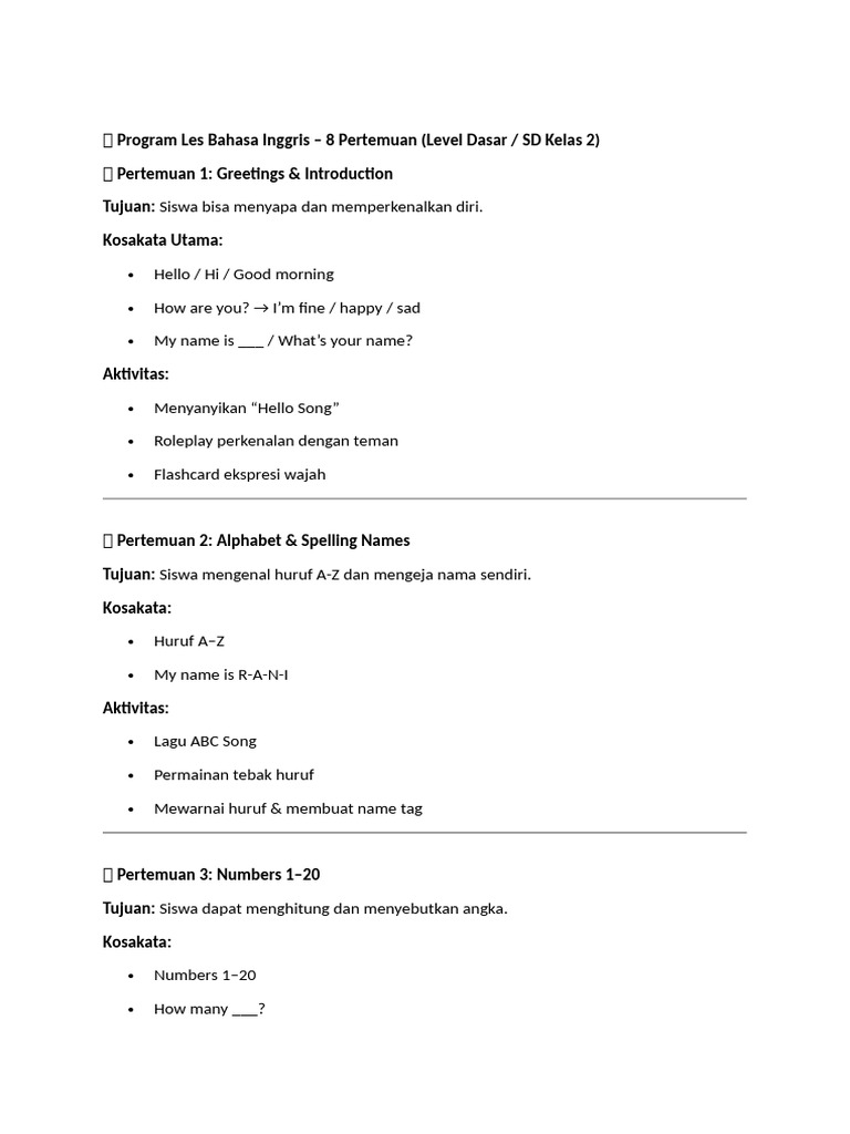 Les Bahasa Inggris SD Kelas 2: 8 Pertemuan | PDF
