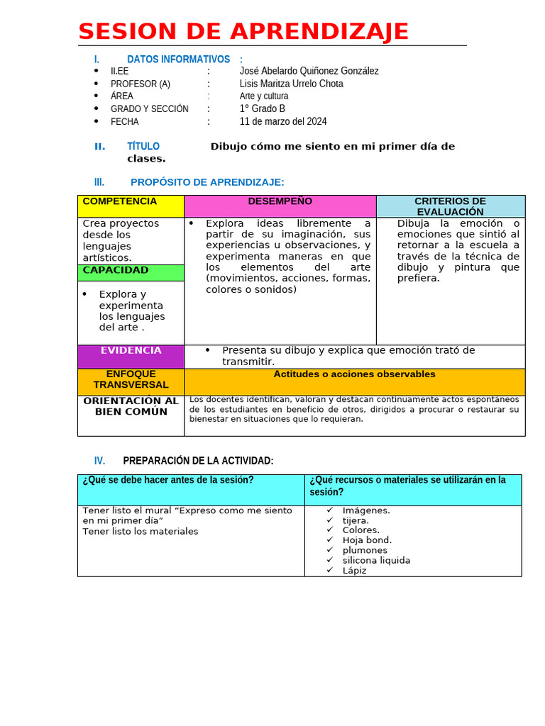 Sesion 11 de Marzo Dibujo Como Me Siento en Mi Primer Dia | PDF ...