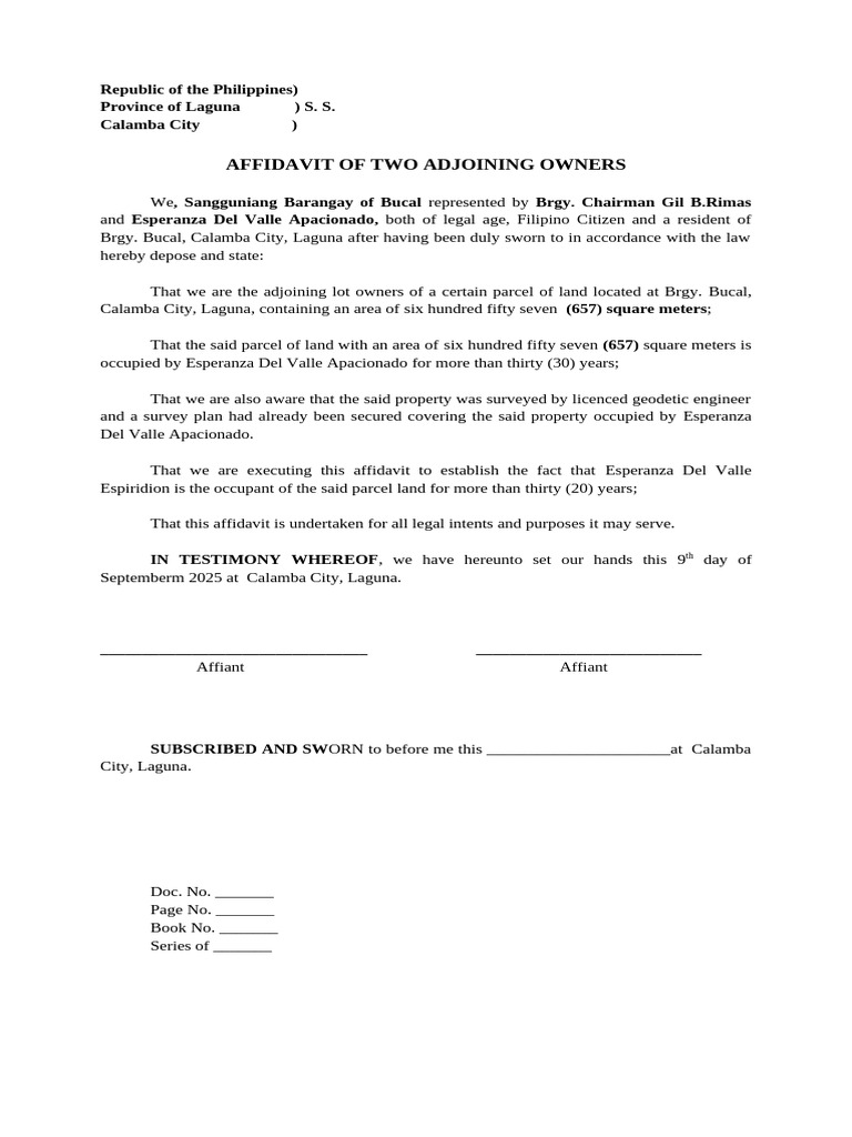 Affidavit of Adjoining Lot Owners | PDF