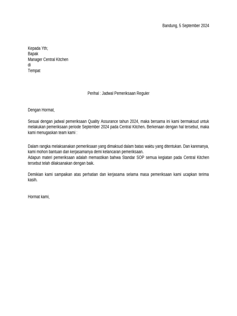 Surat Tugas Pemeriksaan Central Kitchen | PDF