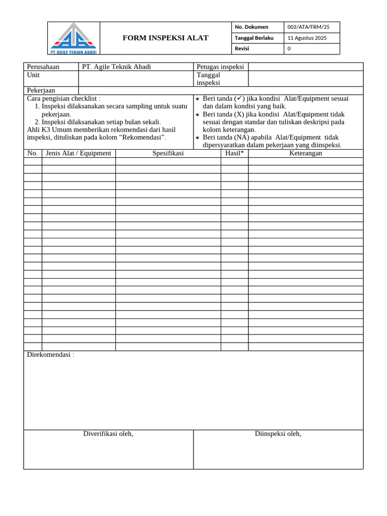 Form Inspeksi Alat PT Agile Teknik | PDF