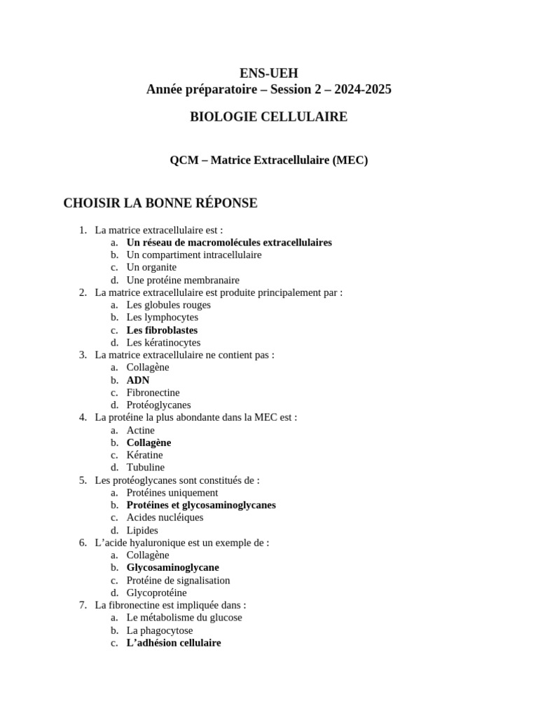 QCM sur la Matrice Extracellulaire | PDF | Matrice extracellulaire ...