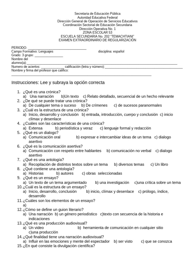 Examen Extraordinario de Español 3er Grado | PDF | Ensayos ...