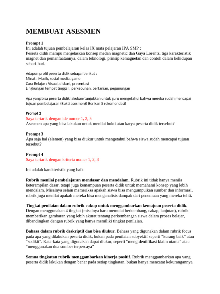A. Contoh Prompt Membuat Asesmen & Kegiatan Pembelajaran | PDF