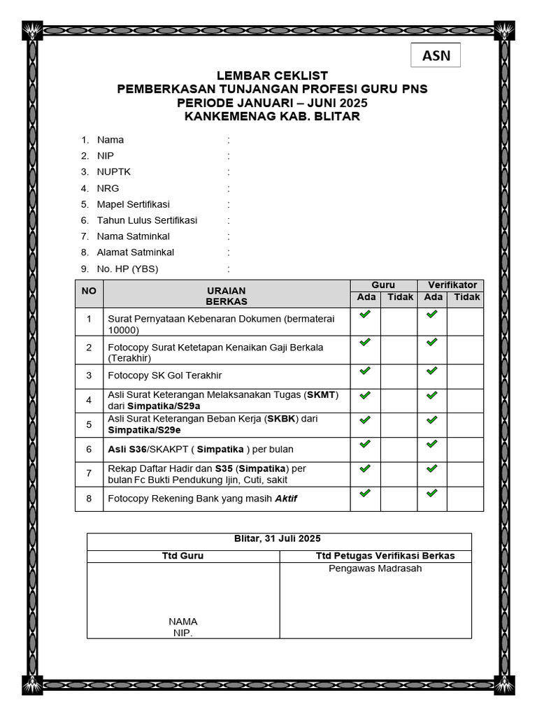 Ceklist Pemberkasan Tunjangan Guru PNS | PDF