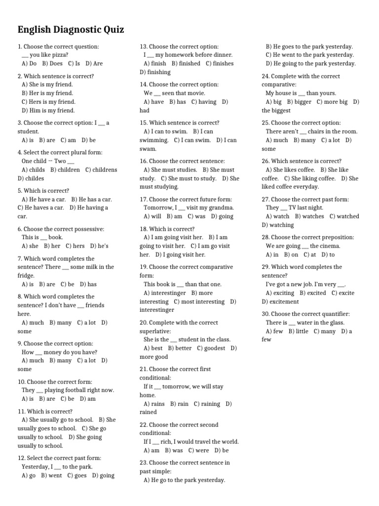 English Grammar Diagnostic Quiz | PDF | Chess Openings | Chess Theory