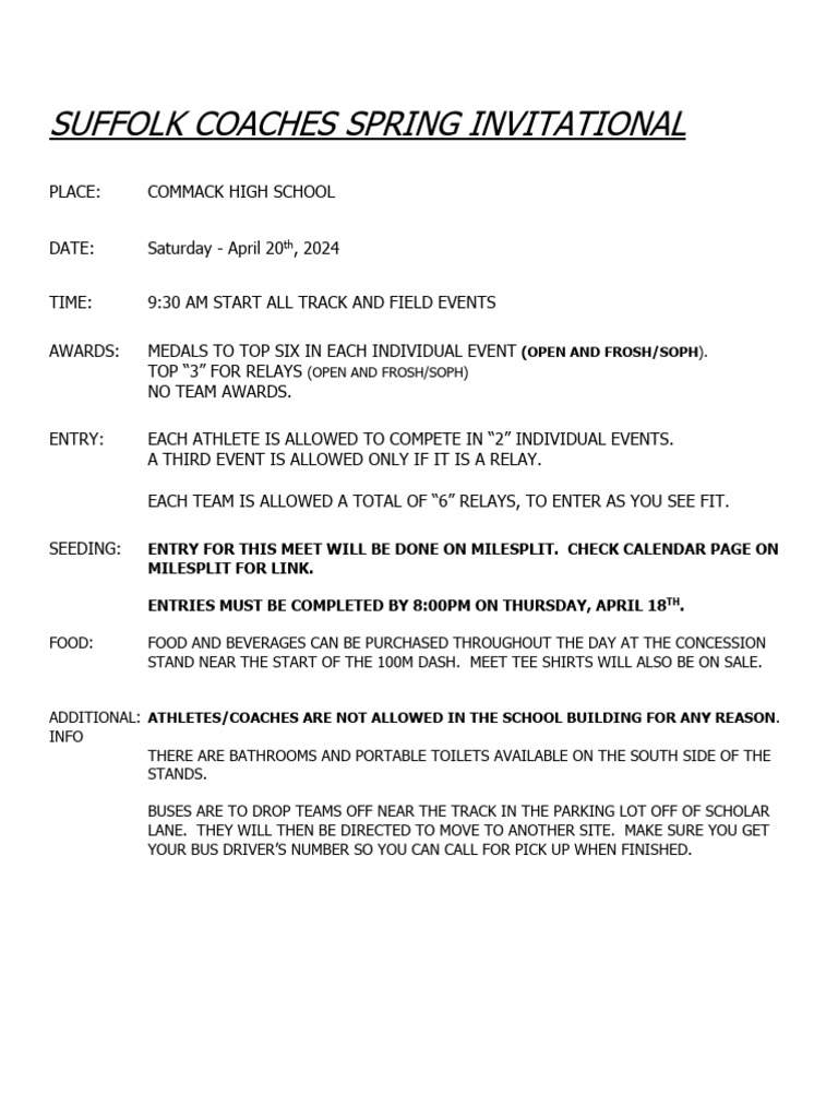Suffolk Coaches Spring Invitational 2024 | PDF | Sport Of Athletics