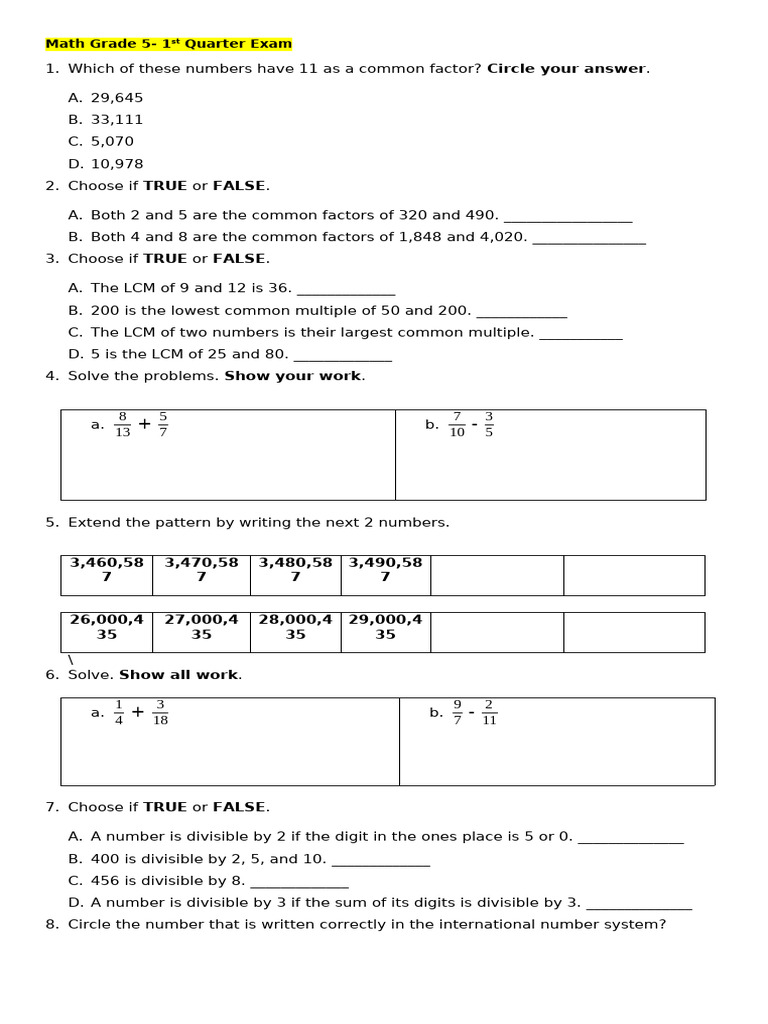 Grade 5 Math: 1st Quarter Exam | PDF | Mathematics