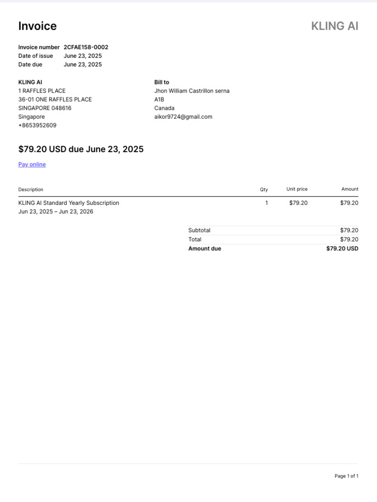 Kling AI Invoice #2CFAE158-0002 | PDF