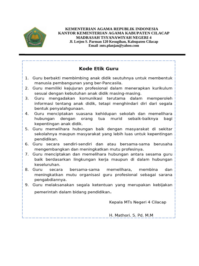 Kode Etik Guru MTs Negeri 4 Cilacap | PDF
