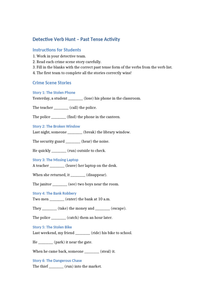 Detective Verb Hunt Worksheet | PDF