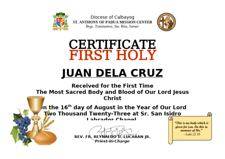 Certificate First Holy Communion | PDF
