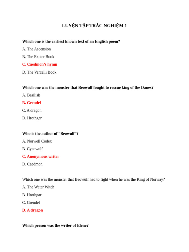 Beowulf and Old English Literature Quiz | PDF | Beowulf