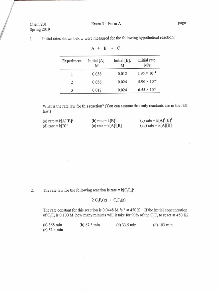Chem 201 Exam 3 SP 19 Blank Form PDF | PDF