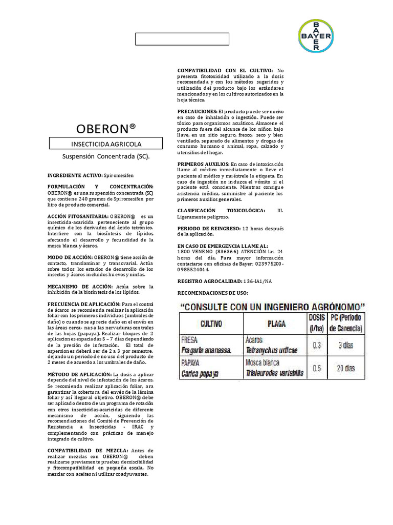 Oberon Bayer Ficha Tecnica Ecuador | PDF | Insecticida