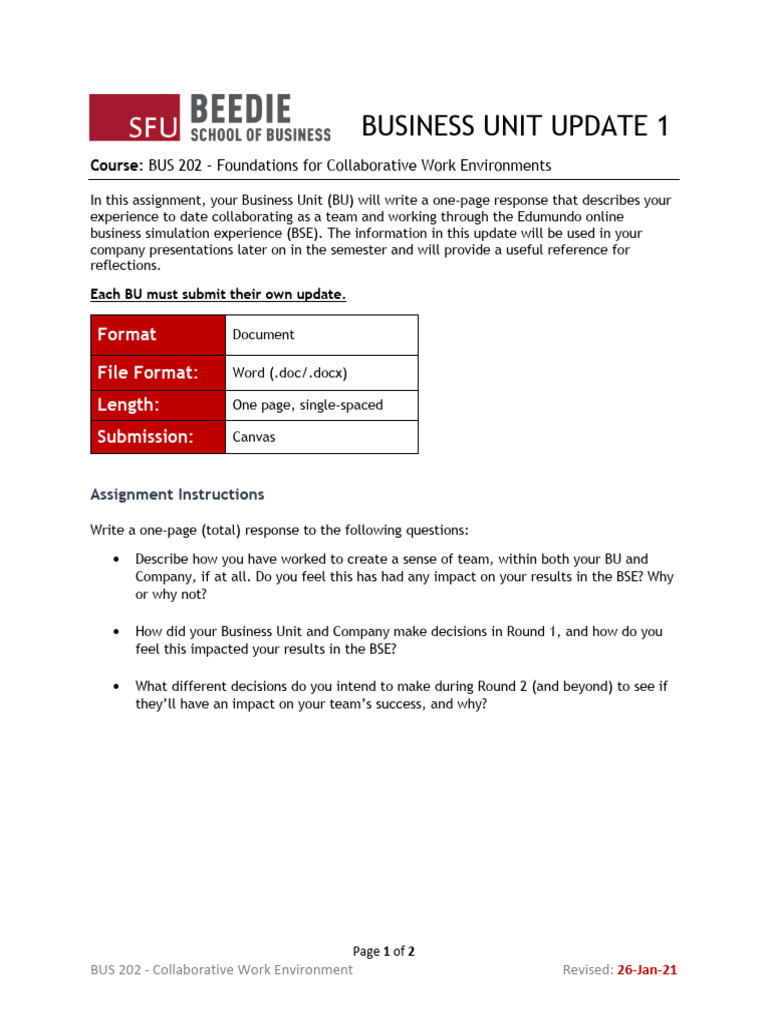 BUS 202 - Business Unit Update 1 - Assignment (Sp21) | PDF
