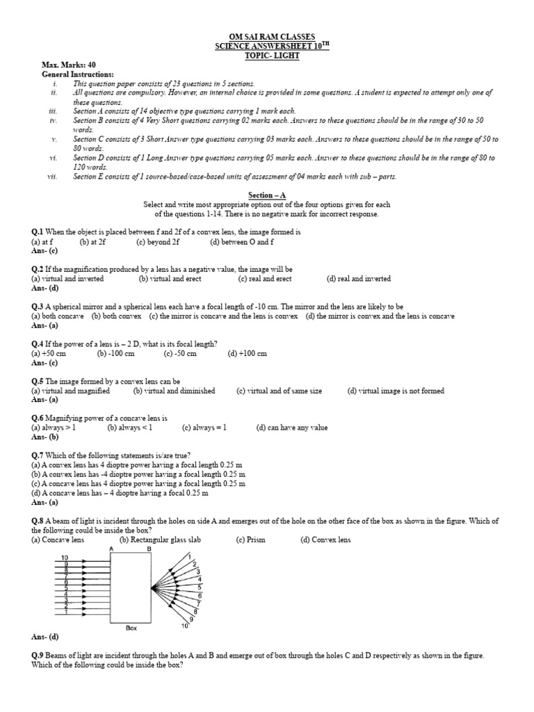 10th Grade Science: Light Answersheet | PDF | Refractive Index | Optics