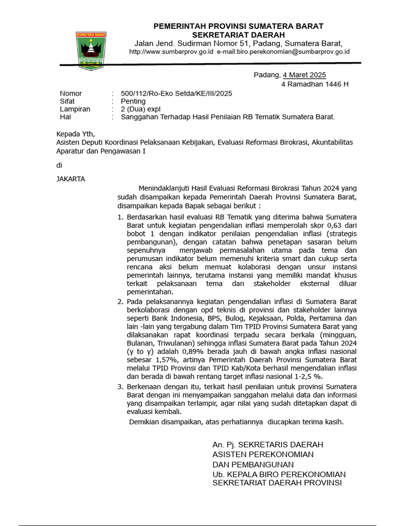 Surat Sanggah RB Tematik Inflasi Prov Sumbar | PDF