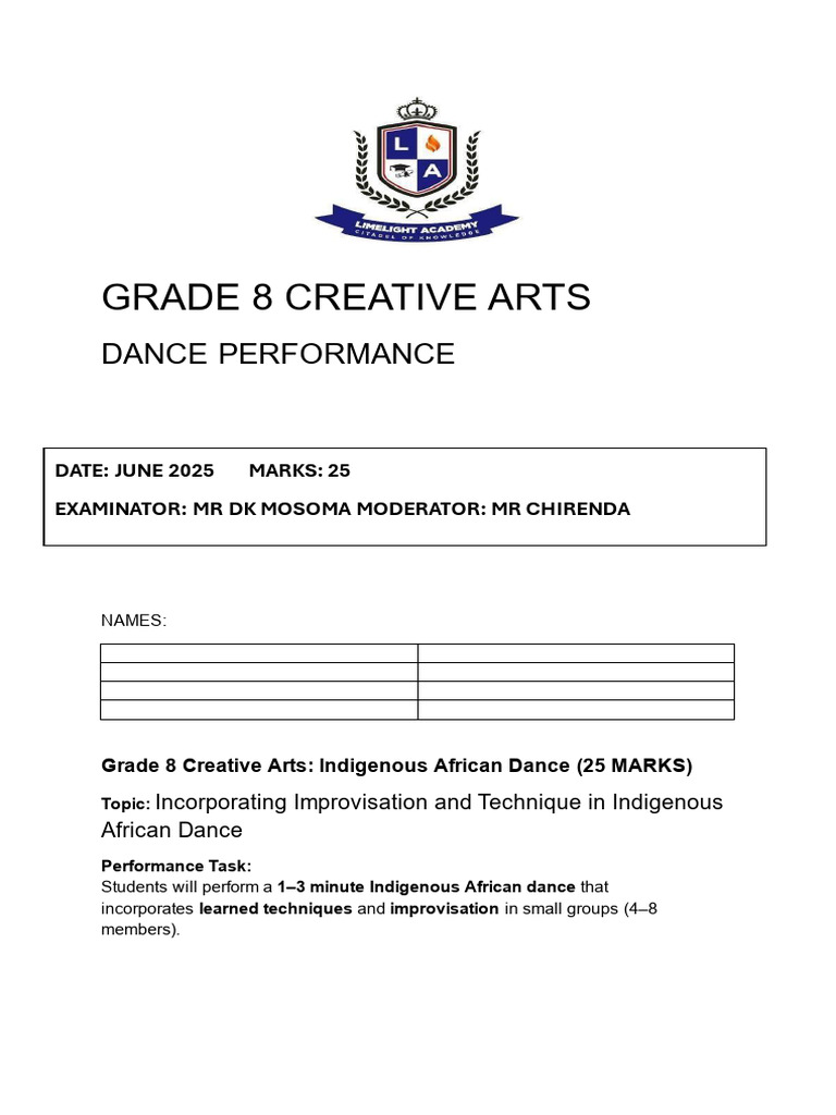 Dance Performance Rubric Grade 8 | PDF | Dances | Performing Arts