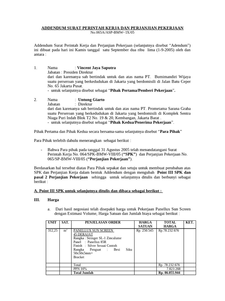 Addendum Perjanjian Prometama | PDF