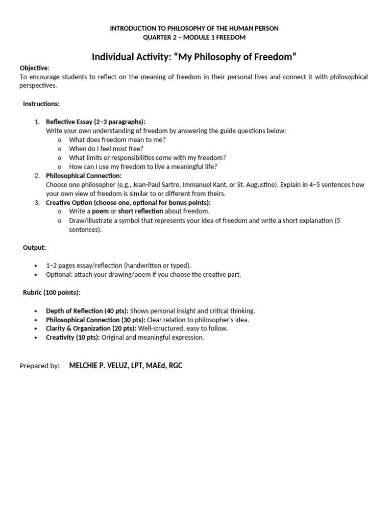 My Philosophy of Freedom Essay Guide | PDF