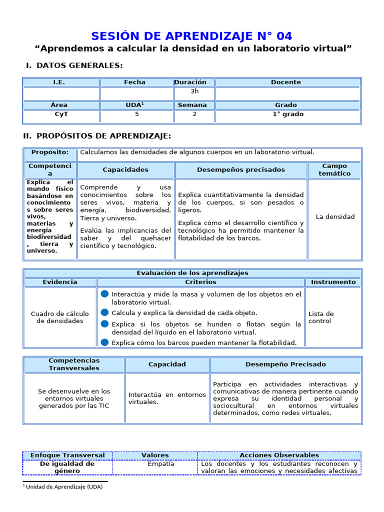 SESIÓN DE APRENDIZAJE N 4 | PDF | Densidad | Cantidades fisicas