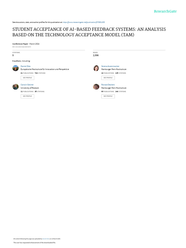 Student Acceptance of Ai-Based Feedback Systems, An Analysis Based On The Technology Acceptance ...