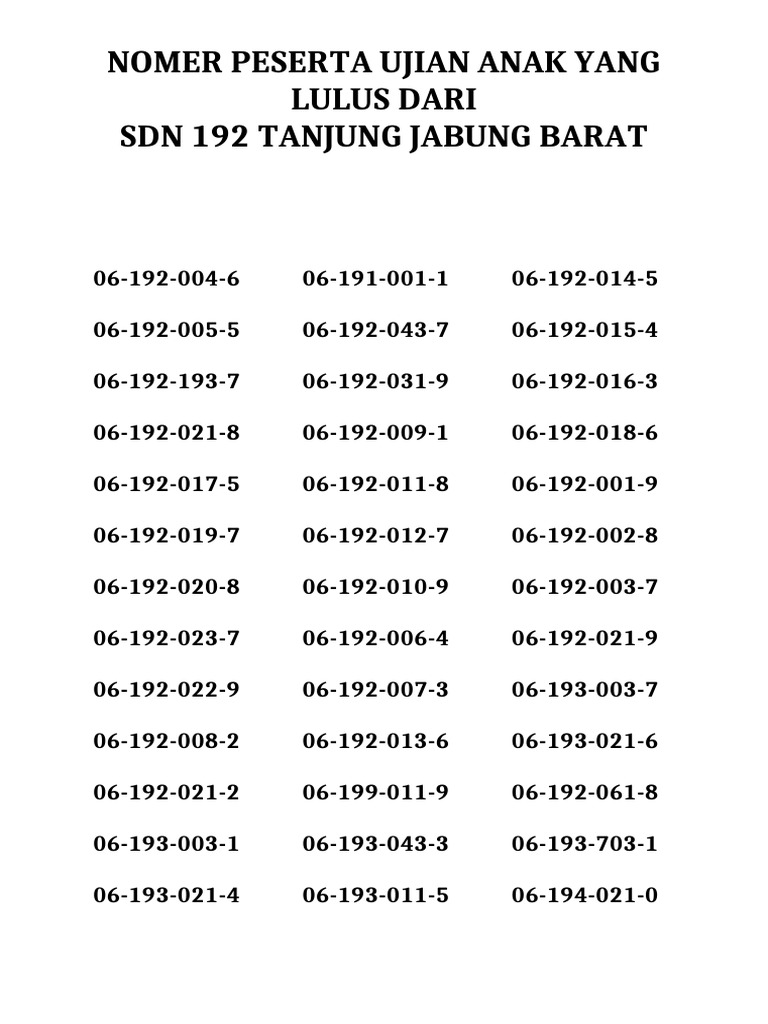 Nomer Peserta Ujian Anak Yang Lulus Dari | PDF