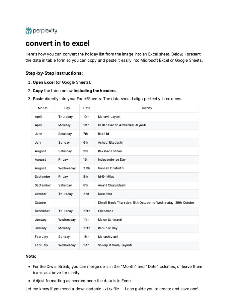 Convert Holiday List to Excel Sheet | PDF